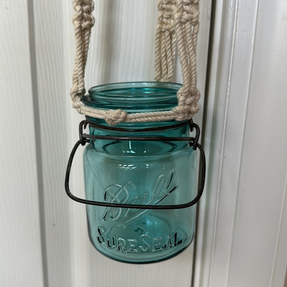 Ball | Accents | Vintage Blue Ball Sure Seal Mason Jar Macrame Hanging ...